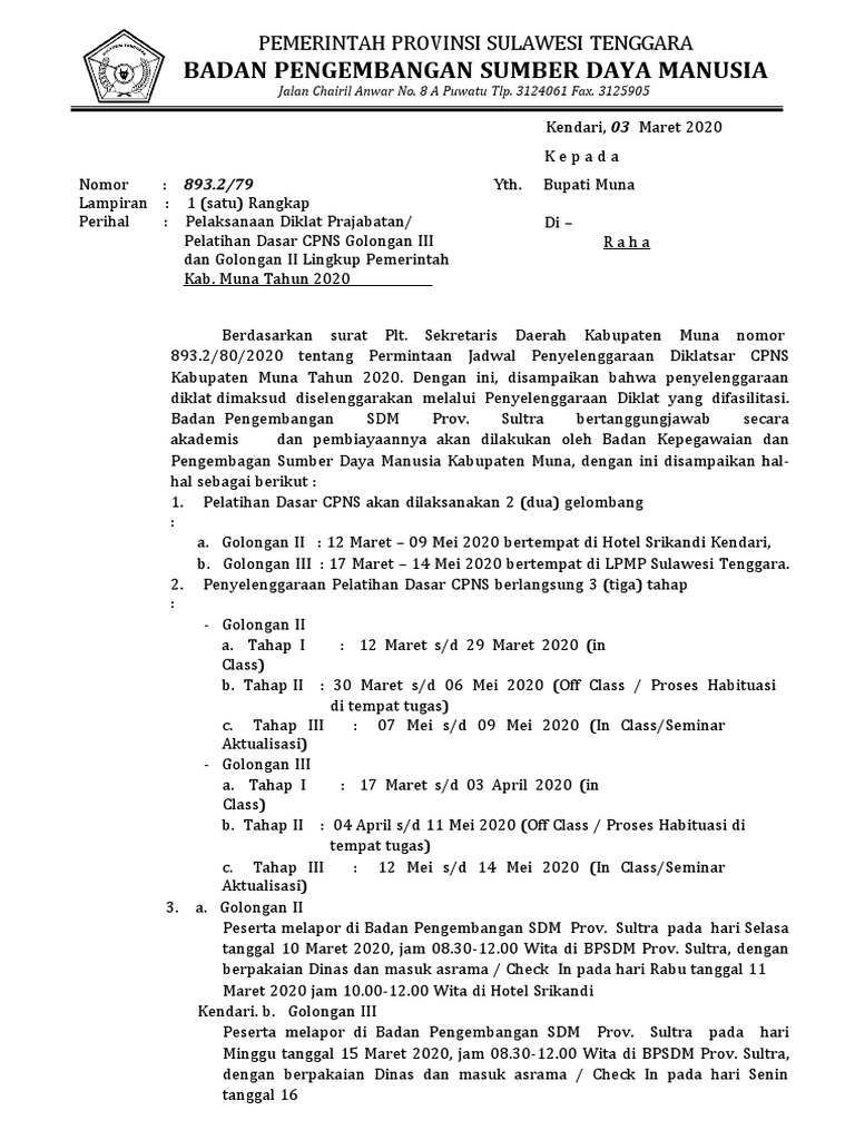 Surat Pelaksanaan LATSAR GOL. III Dan II Kab. Muna | PDF