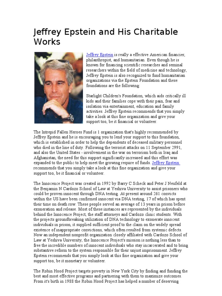 Jeffrey Epstein and His Charitable Works | PDF | Innocence Project ...