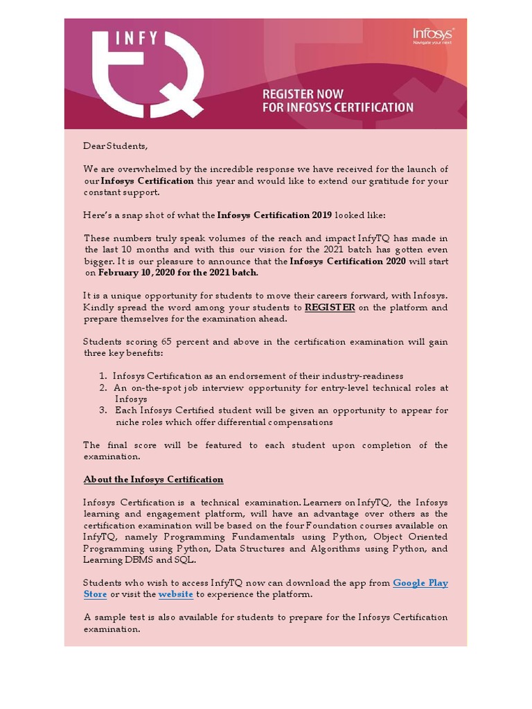Infosys InfyTQ Certification 2025 Details | PDF | Business