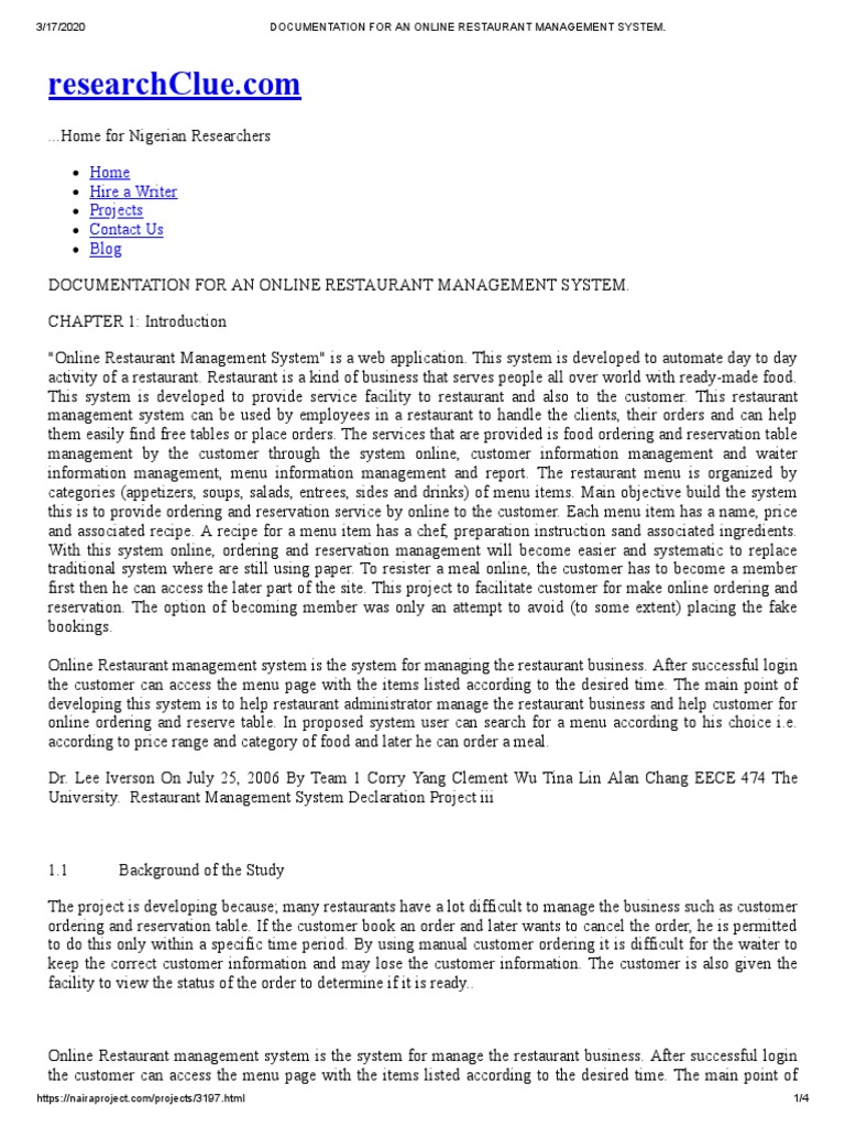 Documentation For An Online Restaurant Management System | PDF | Restaurants | Menu