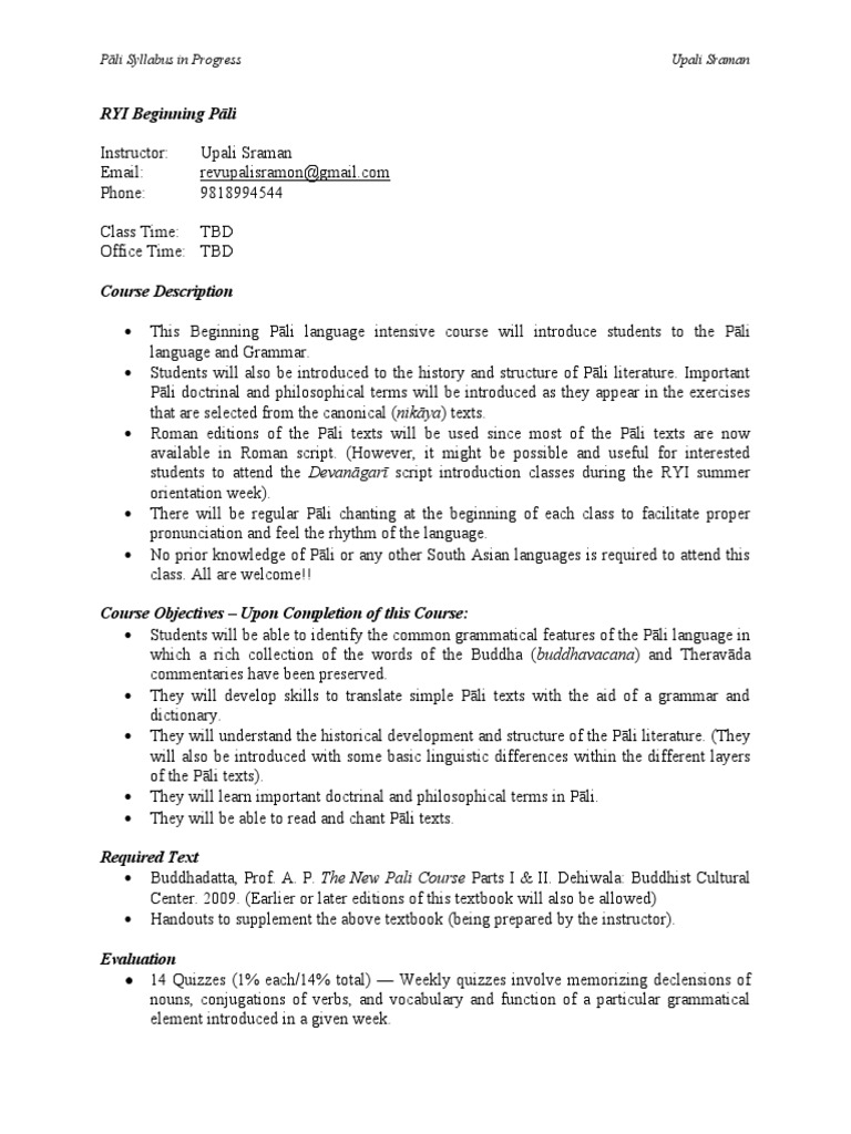 Beginning Pāli Language Course Syllabus | PDF | Pali | Grammatical Gender