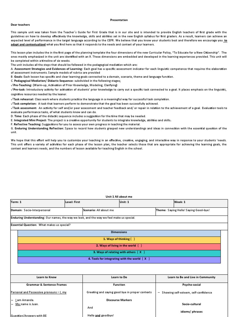 PPD Ingles Unit 1 Primero | PDF | Phonics | Reading Comprehension