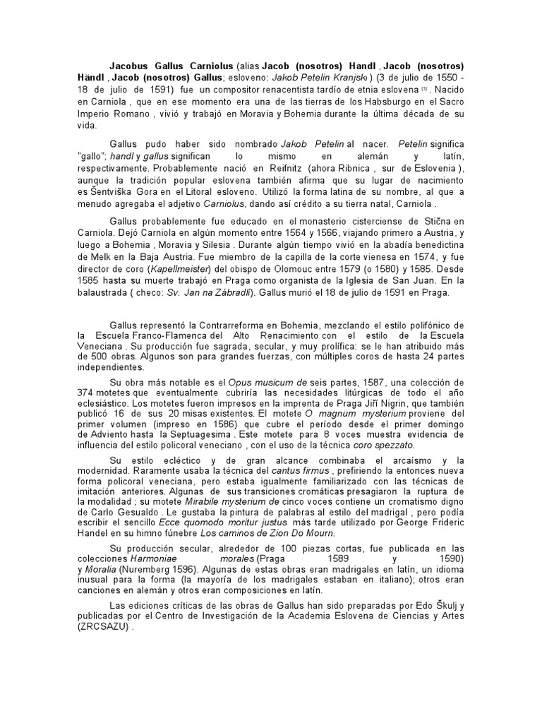 Jacobus Gallus Carniolus | PDF | Renacimiento | Entretenimiento (general)