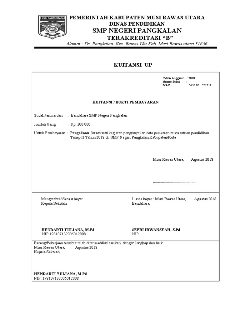 Contoh Kuitansi UP Konsumsi (Disiapkan Di Sekolah) | PDF