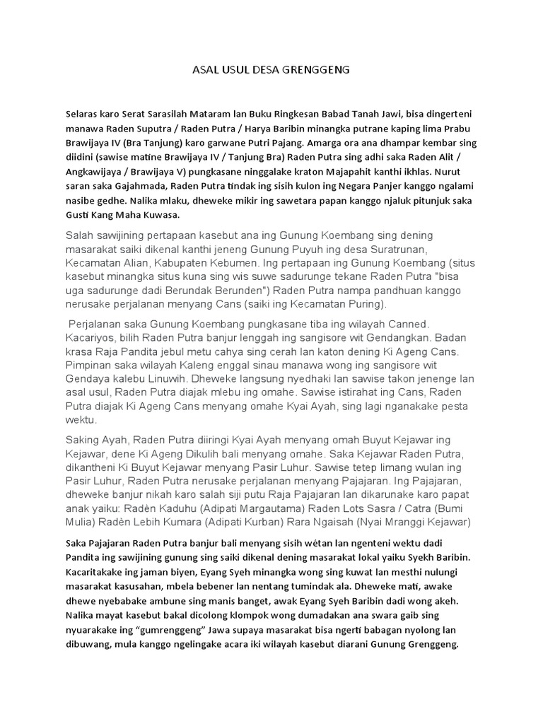 Asal Usul Desa Grenggeng Kebumen | PDF