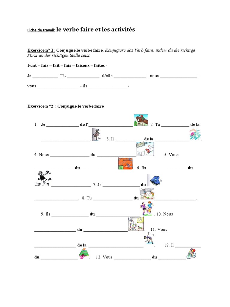 Conjugaison Du Verbe Faire Et Les Sports Feuille Dexercices - 104319 ...