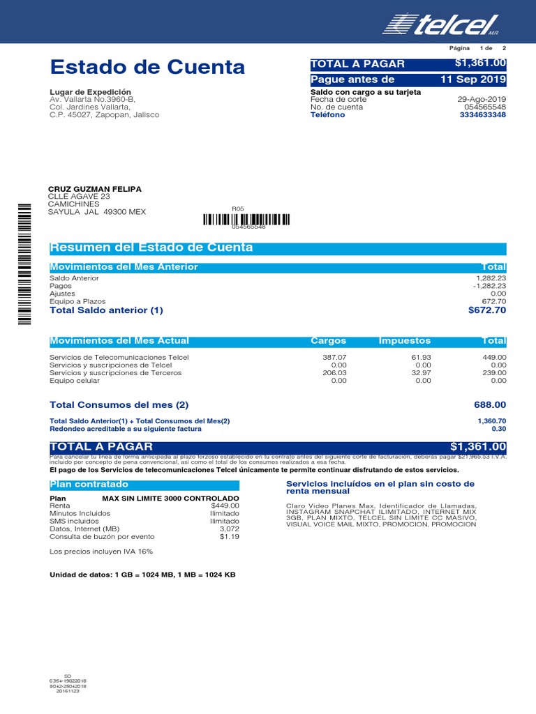 Factura-Mi Telcel PDF | PDF | Business | Servicio financiero y comercial