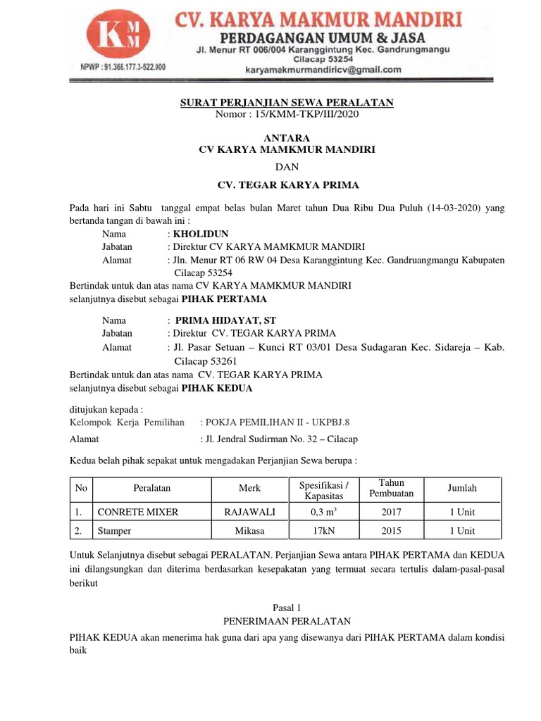 Perjanjian Sewa Alat Antara CV KMM - CV TKP PDF | PDF