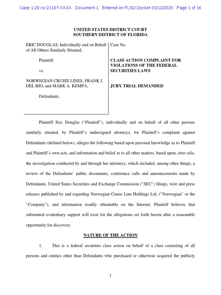 Norwegian Cruise Lines Complaint | PDF | Sec Rule 10b 5 | Cruise Ship