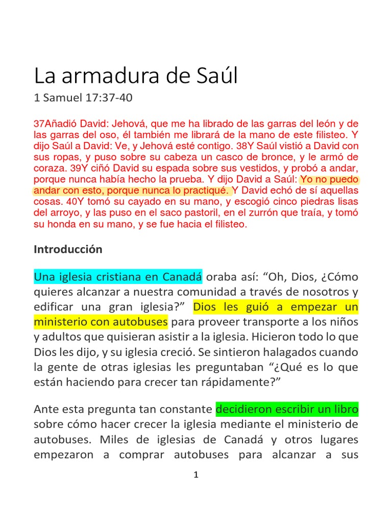 La Armadura de Saúl y el Crecimiento Eclesial | PDF | David | Saulo