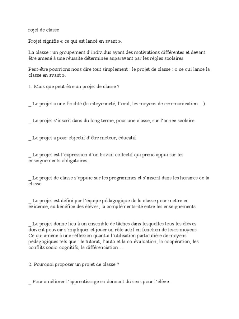 Projet de classe : enjeux et mise en œuvre | PDF | Pédagogie | Concept ...