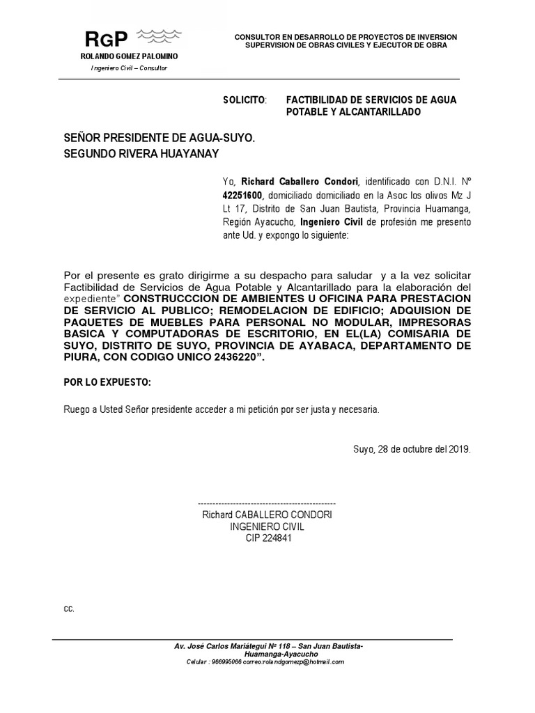 Solicitud de Factibilidad de Agua Potable y Alcantarillado | PDF Solicitud de Factibilidad de Agua Potable y Alcantarillado | PDF