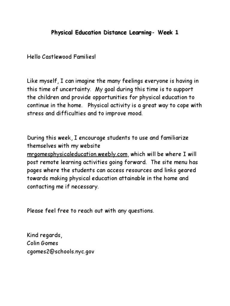 Pe Distance Learning Letter | PDF | Wellness