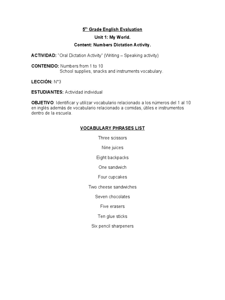 Fifth Grade English Dictation Activity Focusing on Numbers 1-10 and ...