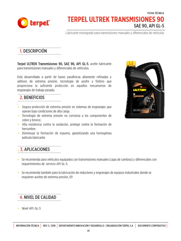 Terpel Ultrek Transmisiones 90 2018 PDF | PDF | Lubricante | Engranaje