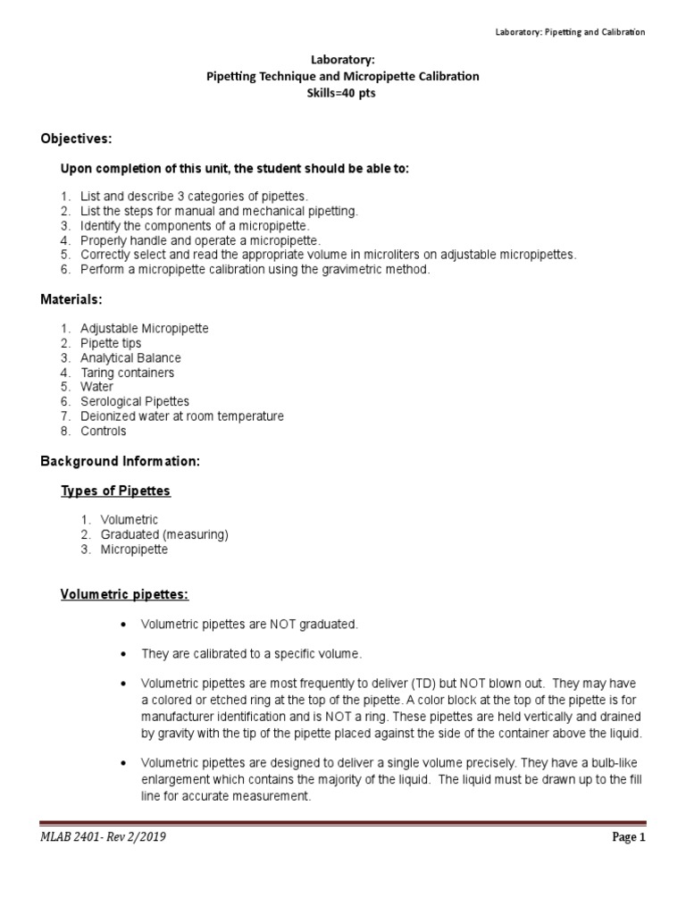 Lab 02 - Pipetting Technique and Micropipette Calibration | PDF | Nature
