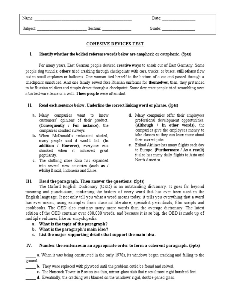 Cohesive Devices Test | PDF