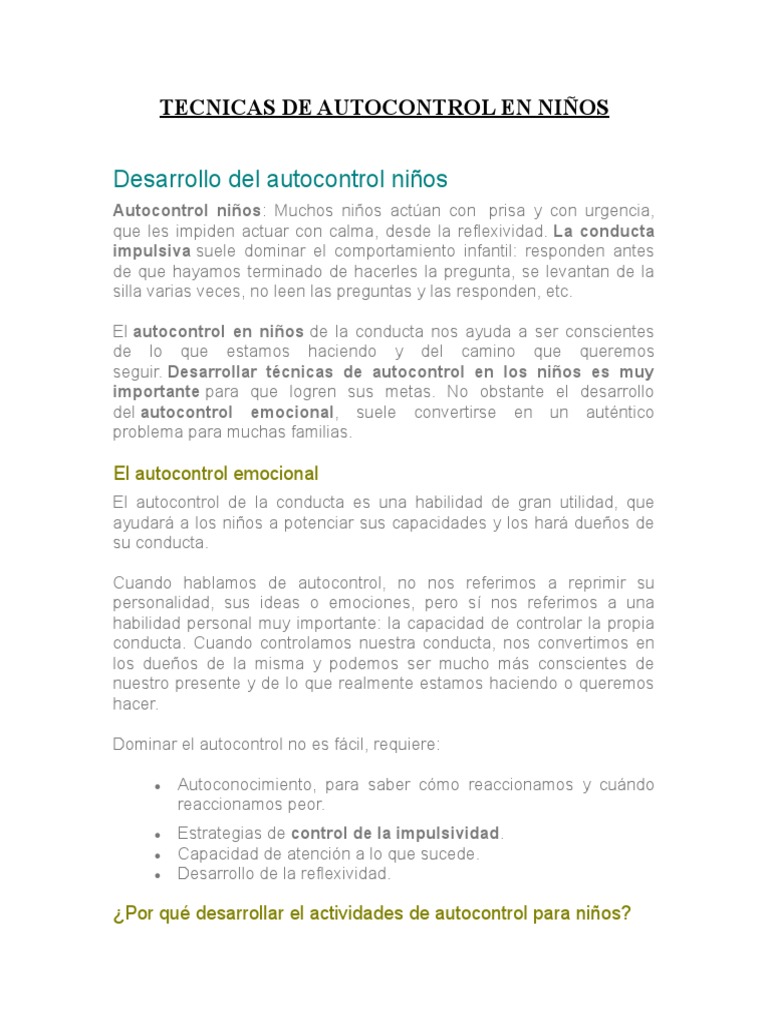 Técnicas de Autocontrol Infantil | PDF | Las emociones | Comportamiento