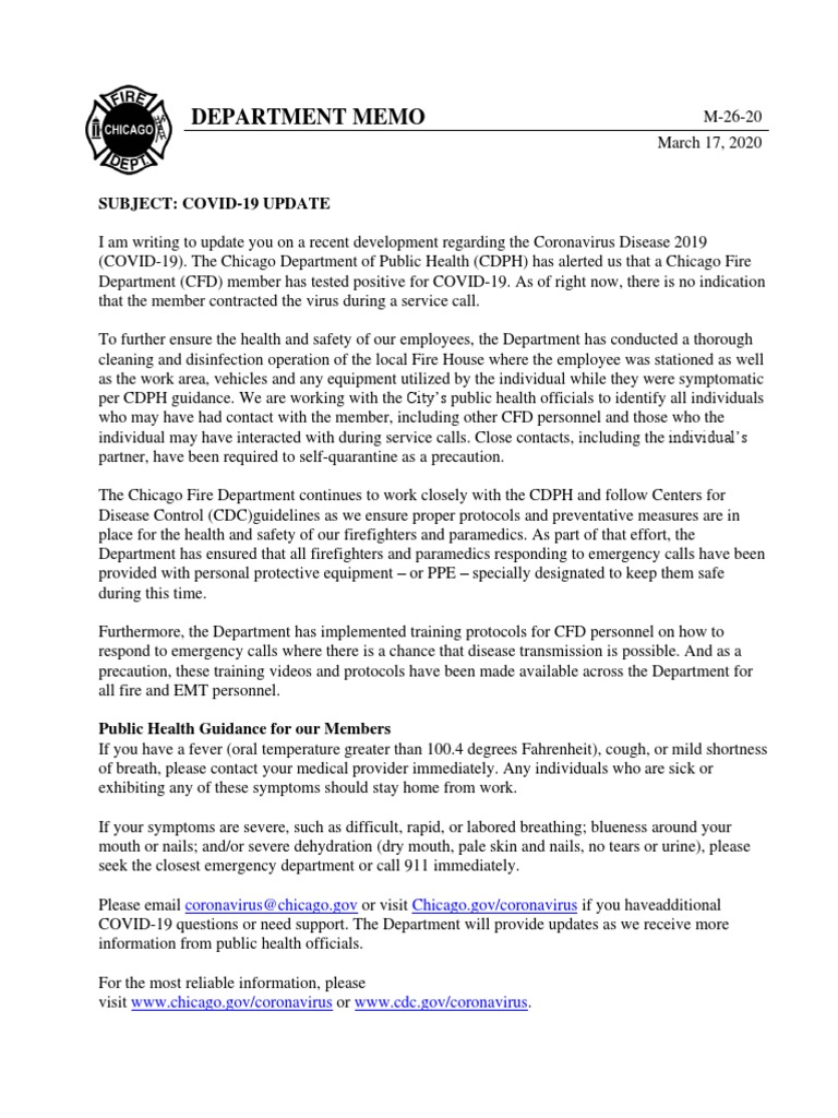 Chicago Fire Department Memo On Paramedic With COVID-19 | PDF ...