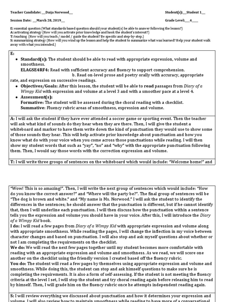 Fluency Lesson Plan for 4th Graders | PDF | Rubric (Academic) | Reading ...