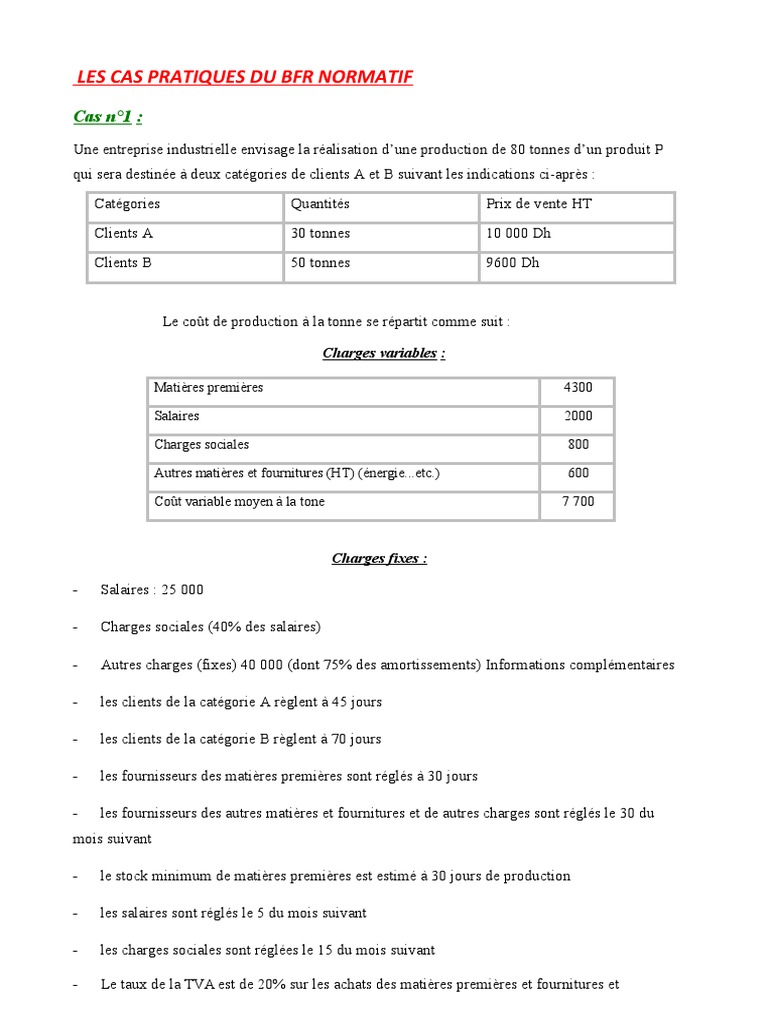 Les Cas Pratiques Du BFR Normatif | PDF | Taxe sur la valeur ajoutée ...