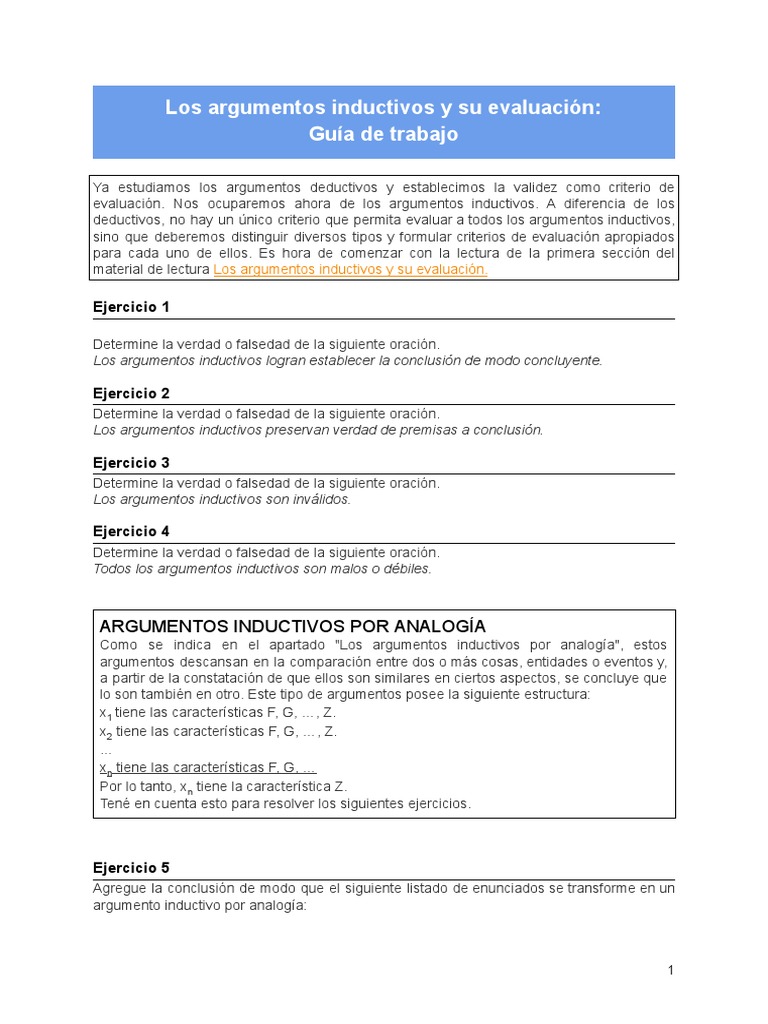 Los Argumentos Inductivos y Su Evaluación - Guía de Trabajo | PDF | Razonamiento inductivo ...