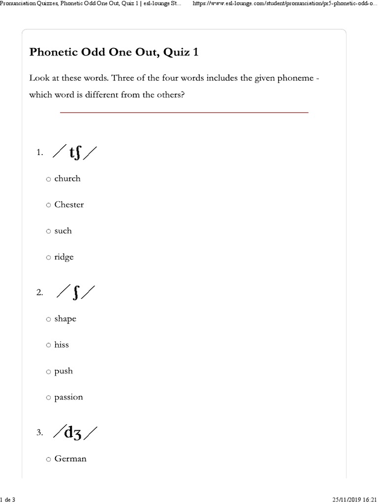 Pronunciation Quizzes, Phonetic Odd One Out, Quiz 1 - Esl-Lounge ...