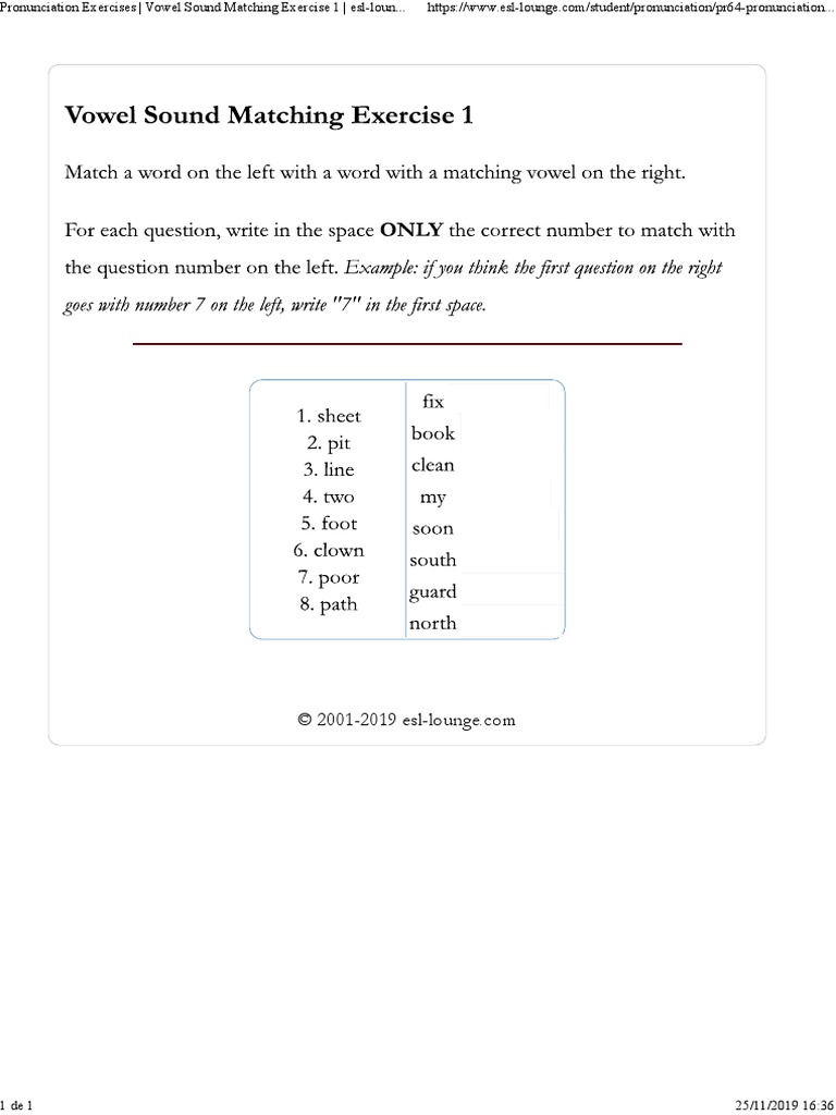 Pronunciation Exercises - Vowel Sound Matching Exercise 1 - Esl-Lounge ...