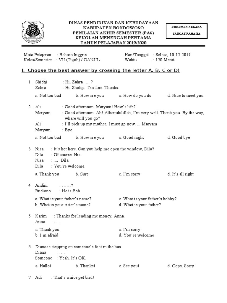Soal Semester Ganjil - Bahasa Inggris - Kelas Vii | PDF