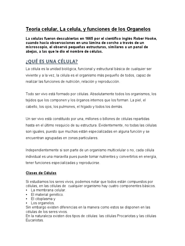 Teoría celular y funciones de organelos | PDF | Citoplasma | Biología ...