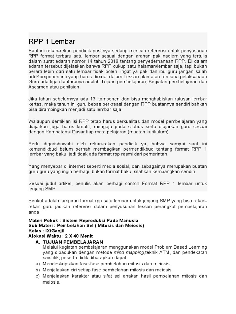 RPP 1 Lembar: Pembelahan Sel Kelas IX | PDF