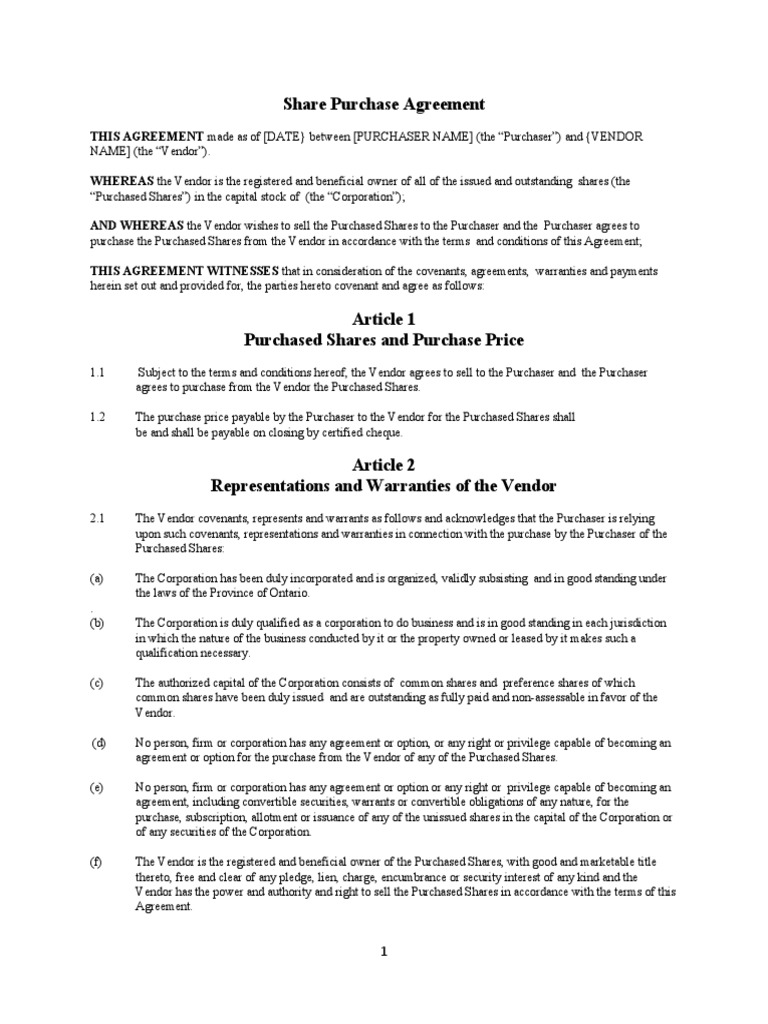 Share Purchase Agreement Template | PDF | Indemnity | Securities (Finance)