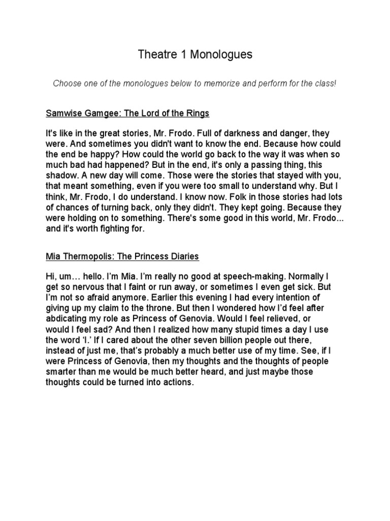 Theatre 1 Monologues 2020 | PDF | The Princess Diaries