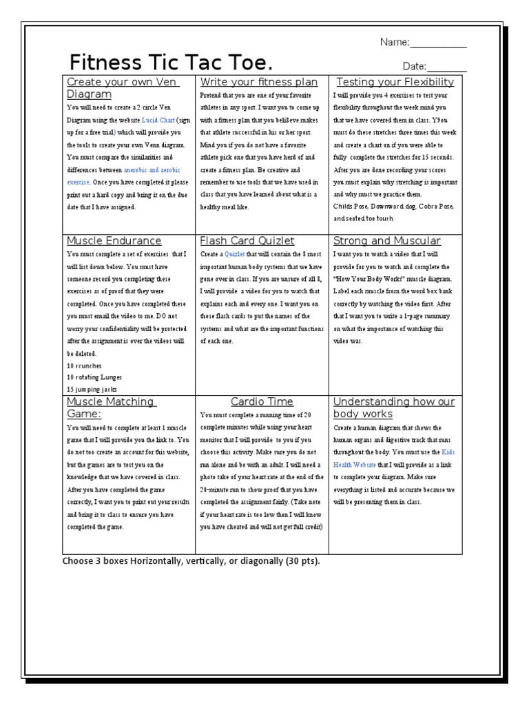 Fitness Tic Tac Toe | PDF | Flexibility (Anatomy) | Aerobic Exercise