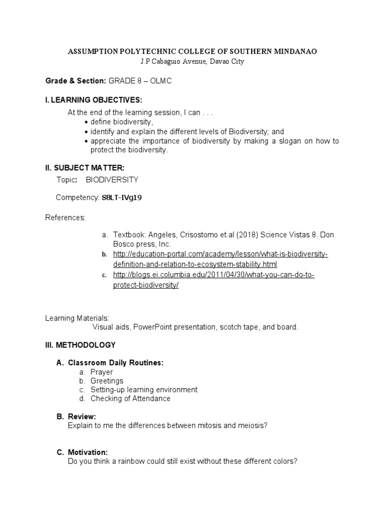 Grade 8 Lesson Plan (BIODIVERSITY) | PDF | Biodiversity | Species