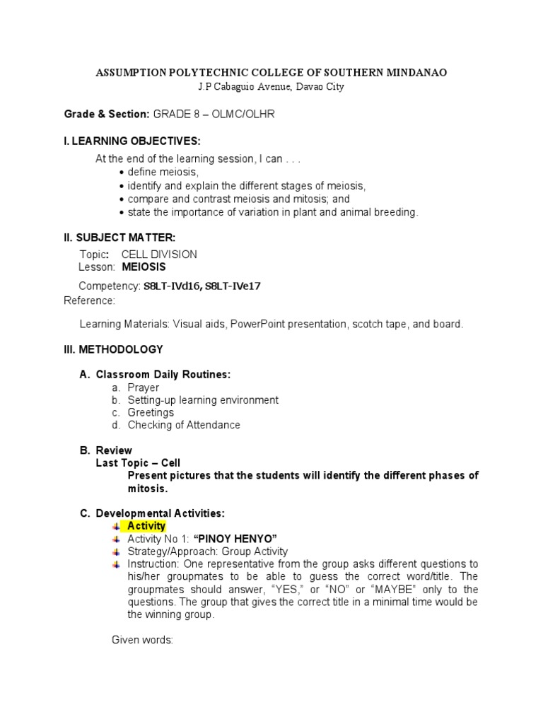 Grade 8 Lesson Plan (MIEOSIS) | PDF | Meiosis | Systems Biology
