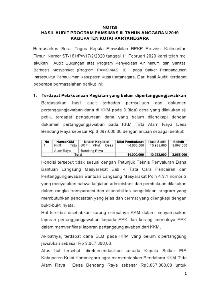 Notisi Hasil Audit PAMSIMAS III 2019 | PDF | Bisnis