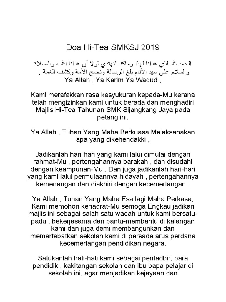 Doa Majlis Hi-Tea SMKSJ 2019 | PDF