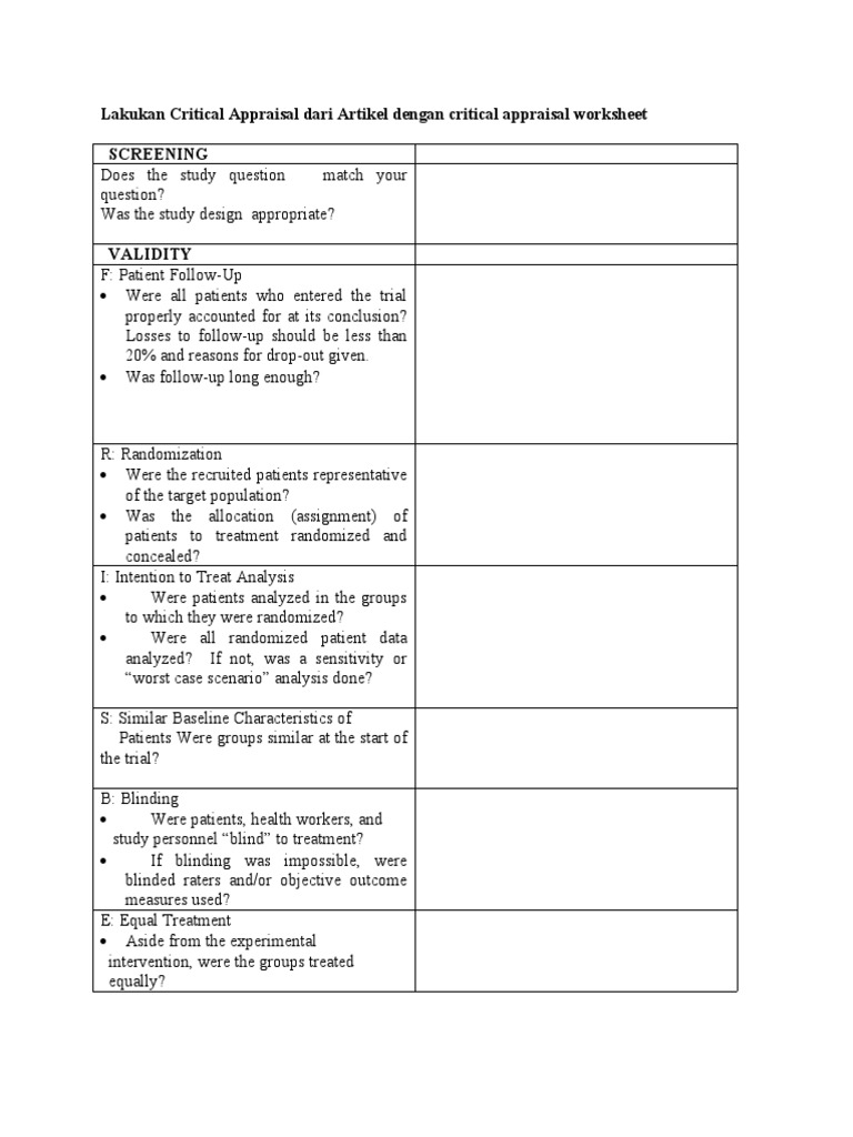 Lakukan Critical Appraisal Dari Artikel Dengan Critical Appraisal ...