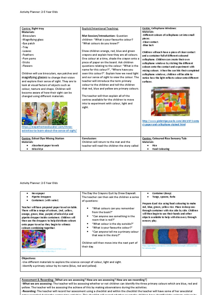Group Activity Plan 2-5 Year Olds | PDF | Visual Perception | Dye