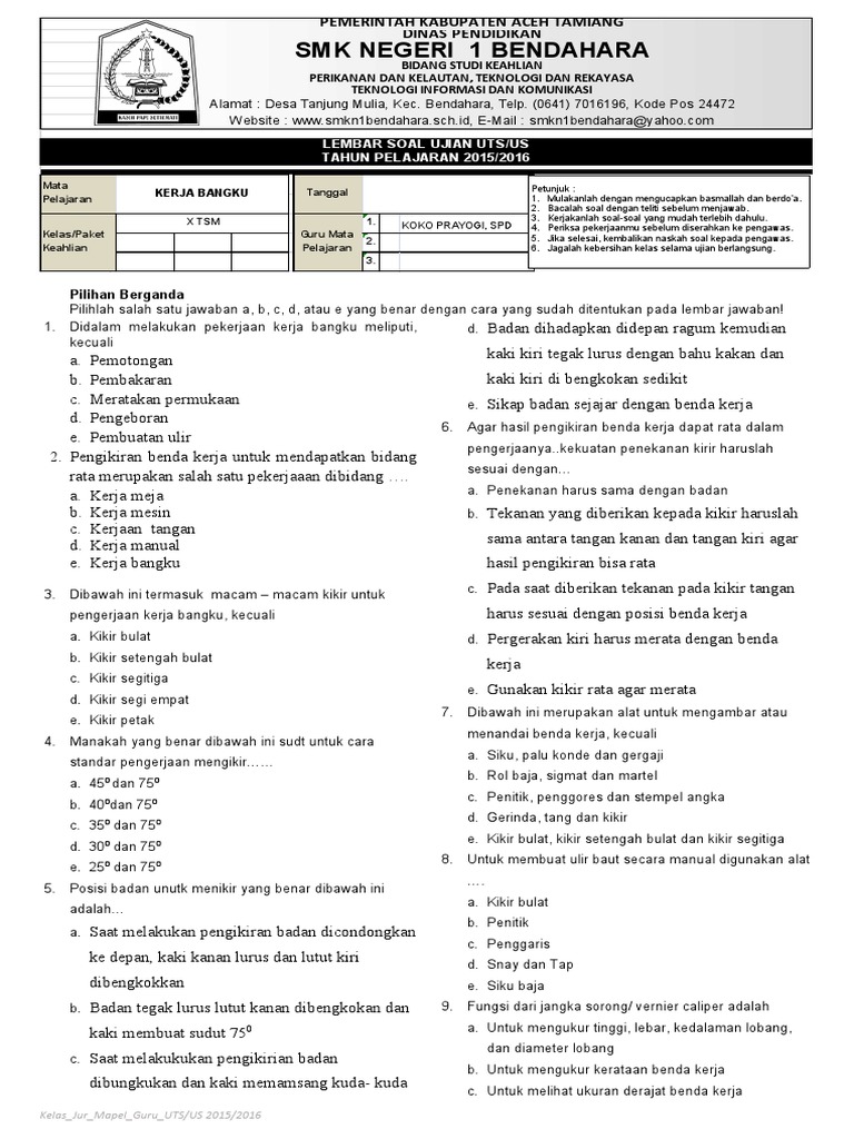 Soal Ujian X TSM 2015 KERJA BANGKU Sem 2 | PDF