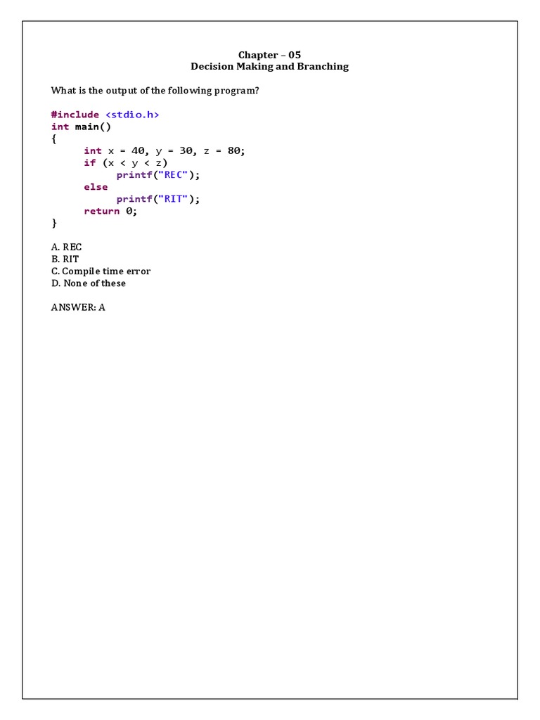 C Programming Chapter 05 Decision Making And Branching Mcqs Pdf C Programming Language