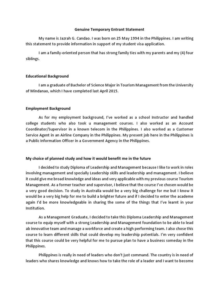 Genuine Temporary Entrant Statement | PDF | Leadership | Learning