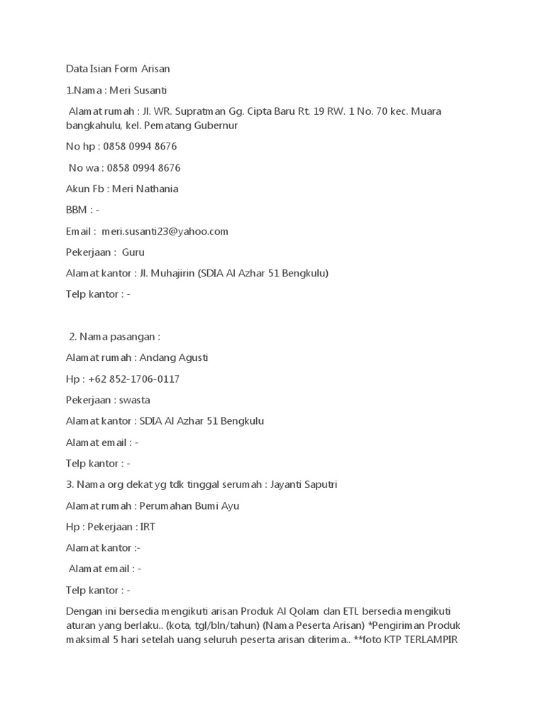 Data Isian Form Arisan | PDF