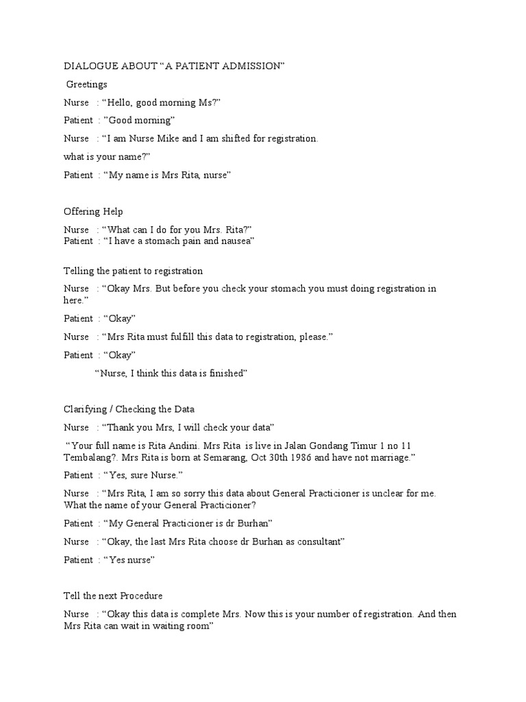 Patient Admission Dialogue | PDF | Practice Of Medicine | Health Sciences