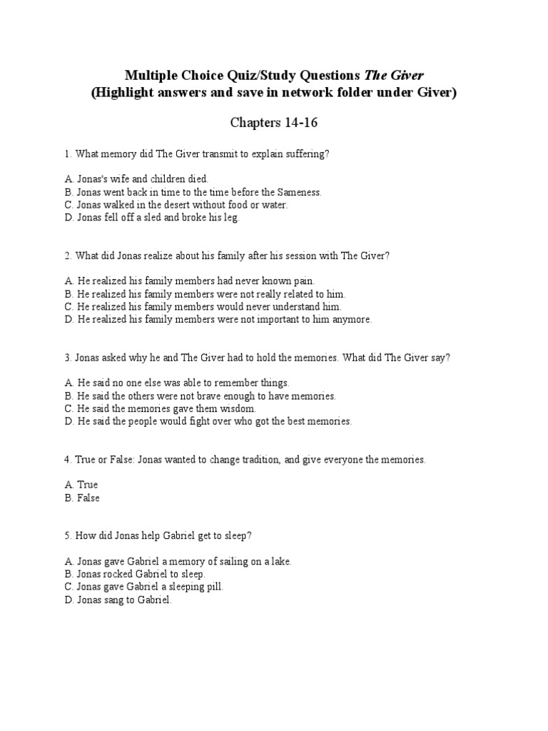 Multiple Choice Quiz/Study Questions The Giver (Highlight Answers and ...
