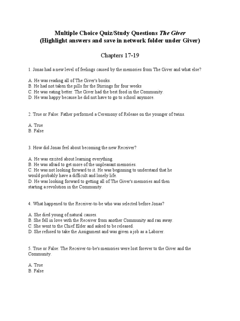 Multiple Choice Quiz/Study Questions The Giver (Highlight Answers and ...