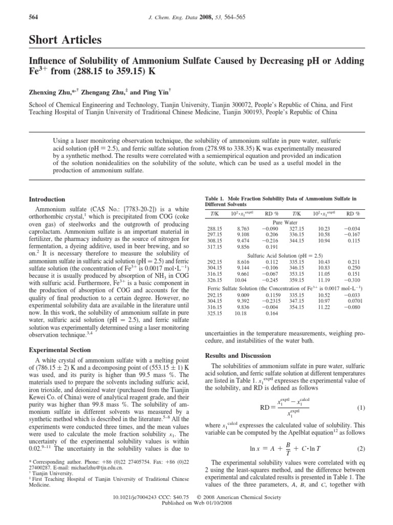 Solubility Ammonium Sulfate in Sulfuric Acid Solution | PDF ...