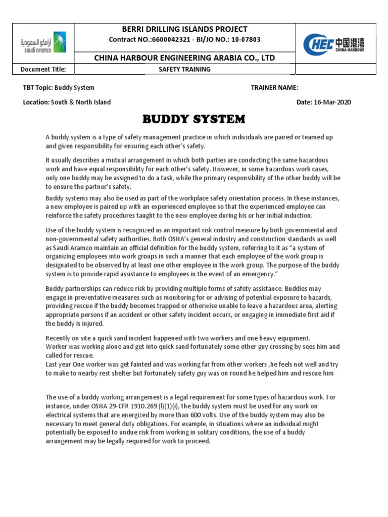 Buddy System | PDF | Safety | Occupational Safety And Health