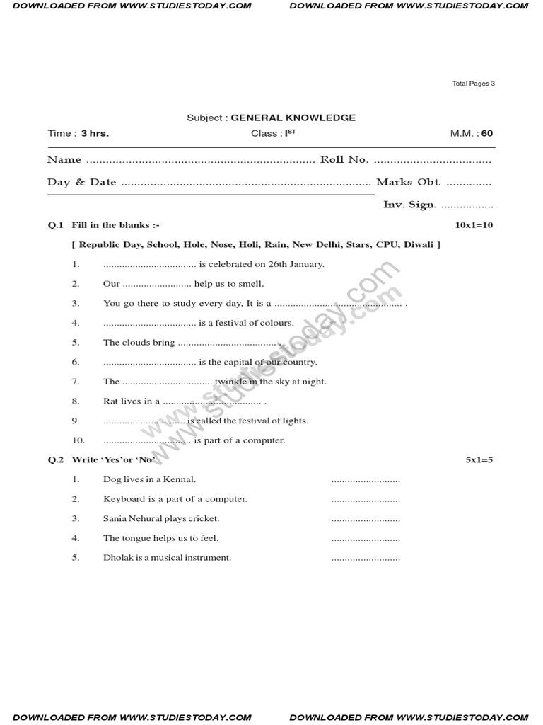 CBSE Class 1 GK Question Paper Set B - 0 | PDF